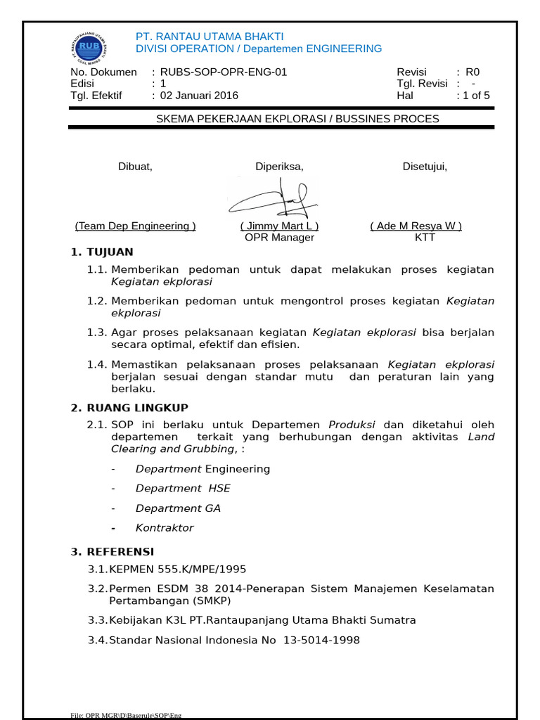 Rub Sop Opr Eng 00 Skema Pekerjaan Ekplorasi | PDF