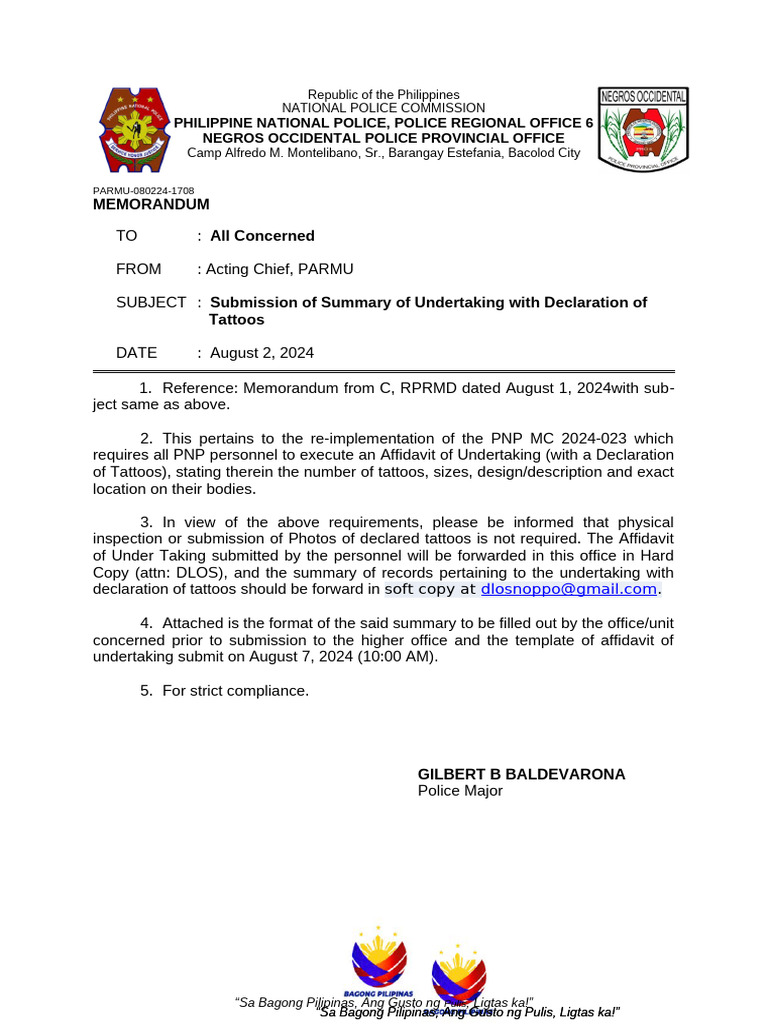 Submission of Summary of Undertaking with Declaration of Tattoos | PDF ...