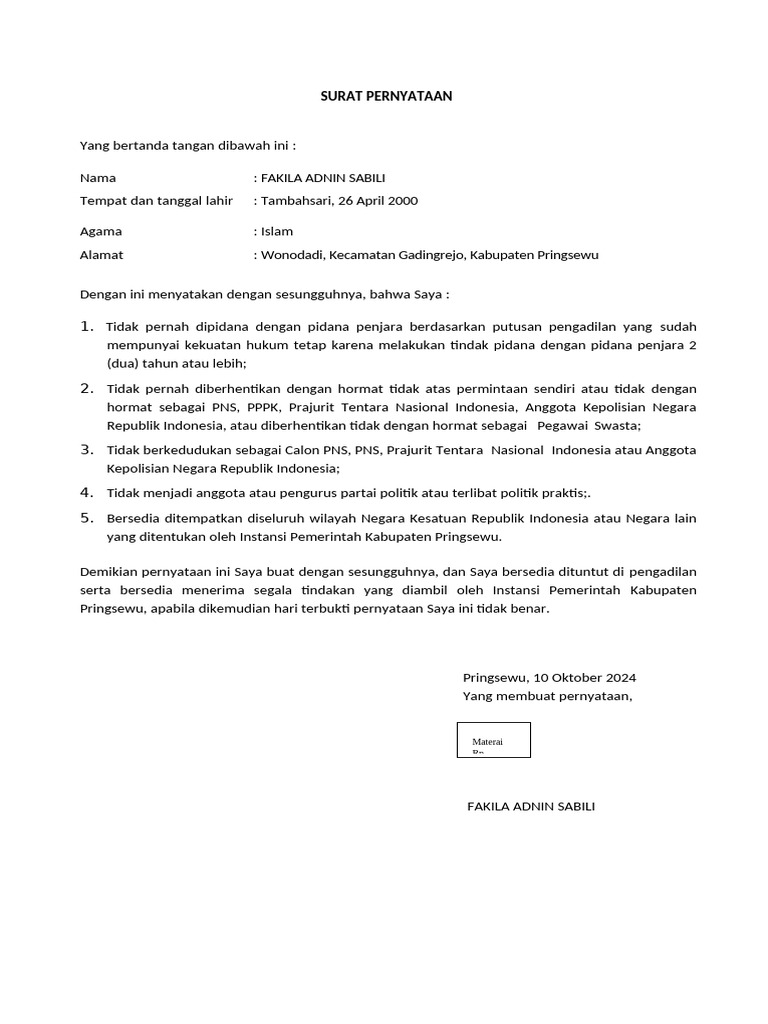 Format Surat Pernyataan 5 Poin PPPK | PDF