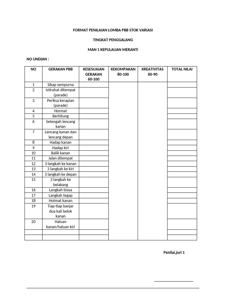 Format Penilaian Lomba PBB Stok | PDF