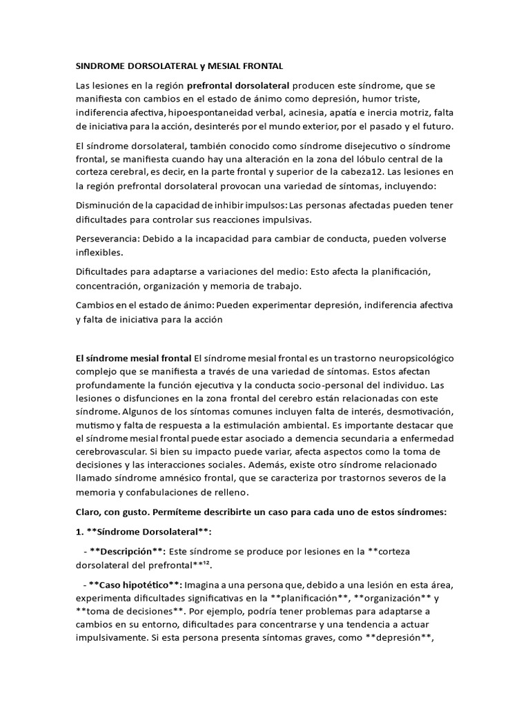 SINDROME DORSOLATERAL y MESIAL FRONTAL | PDF | Lóbulo frontal | Corteza ...