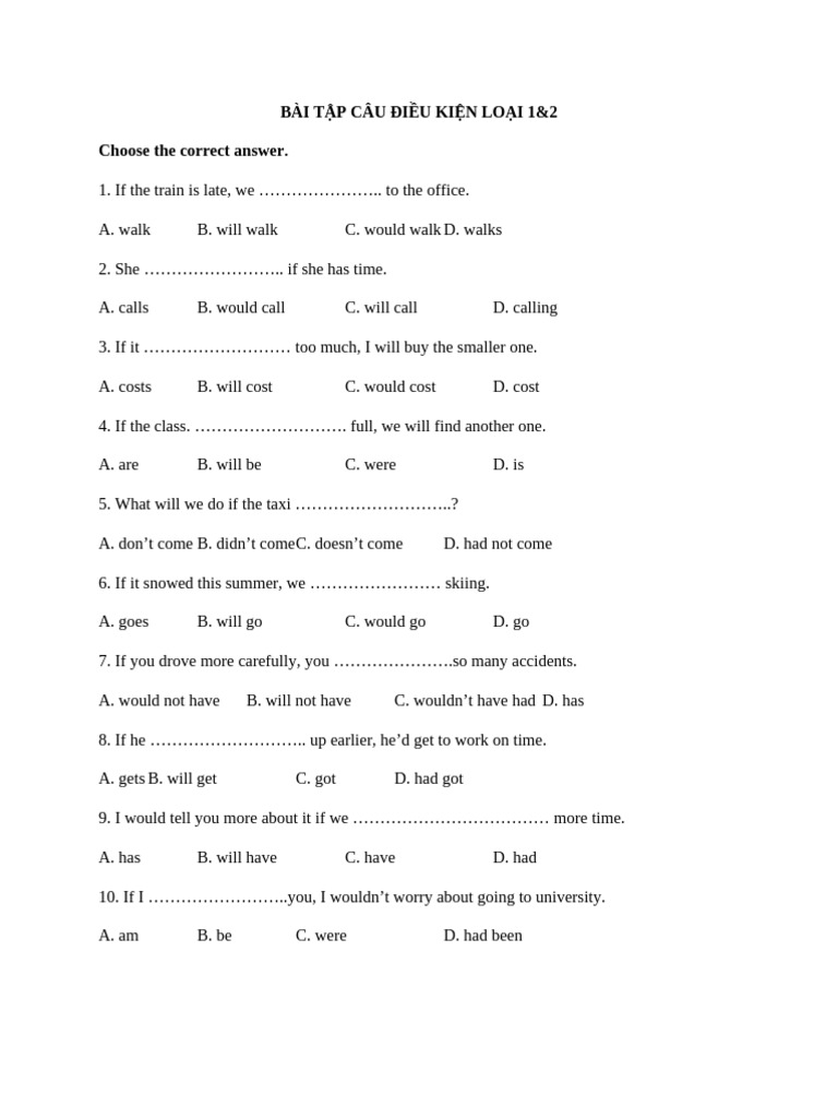 Bài Tập Câu Điều Kiện Loại 1&2 | PDF | Syntax | Linguistic Morphology