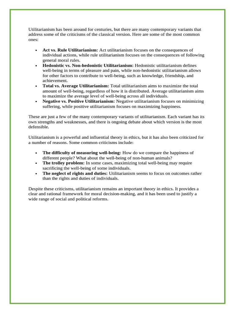 Modern Utilitarianism Explained | PDF | Utilitarianism | Well Being