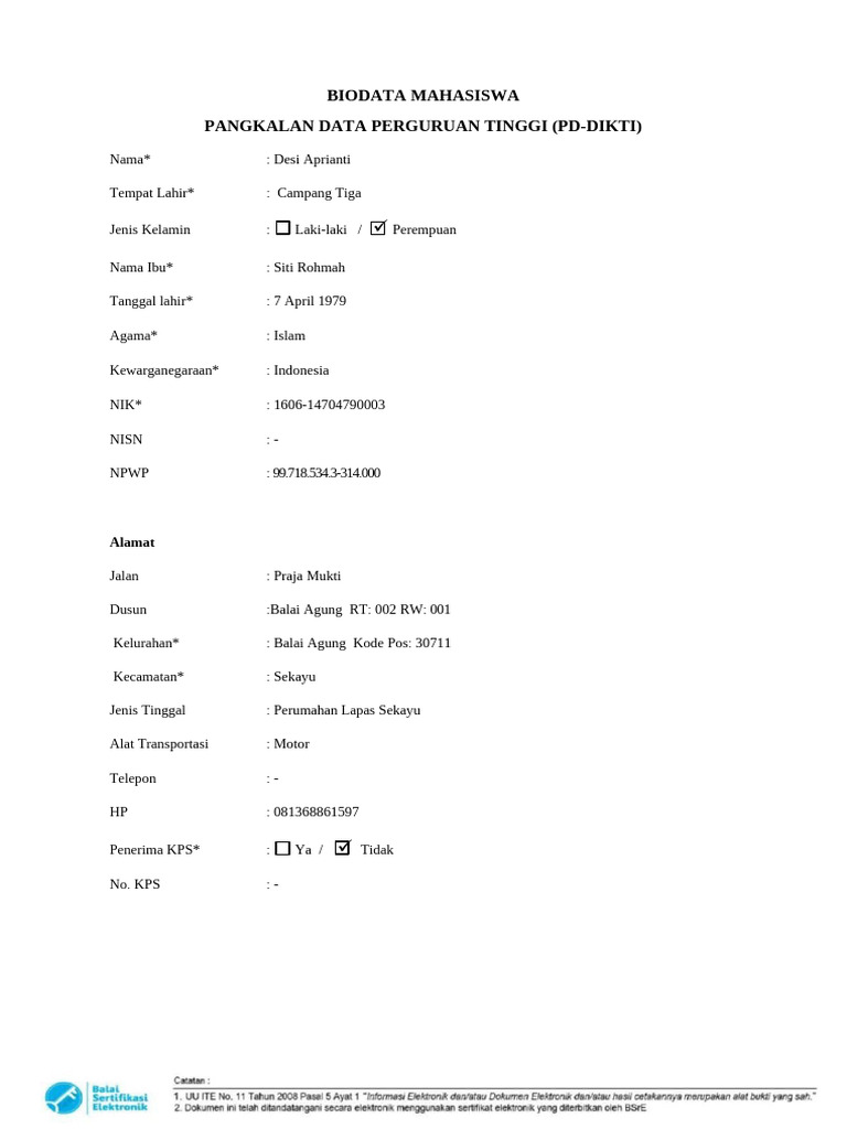 1 BIODATA MAHASISWA PD-DIKTI | PDF