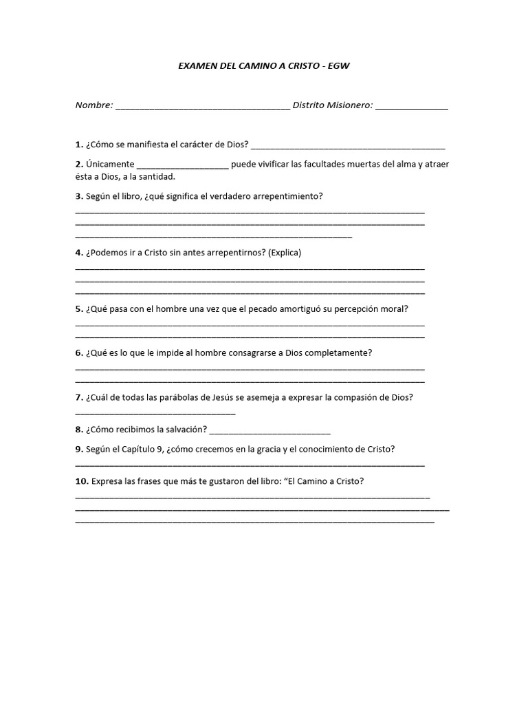 Examen sobre "El Camino a Cristo" | PDF