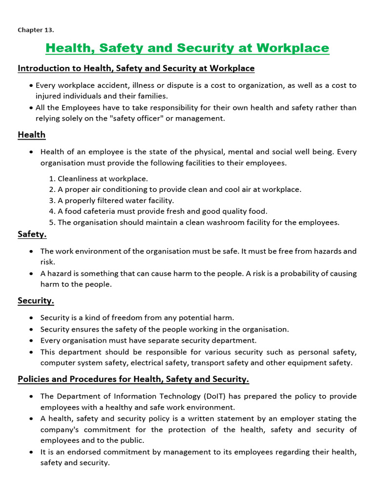 Ch. 13. Health, Safety and Security at Workplace Note | PDF ...