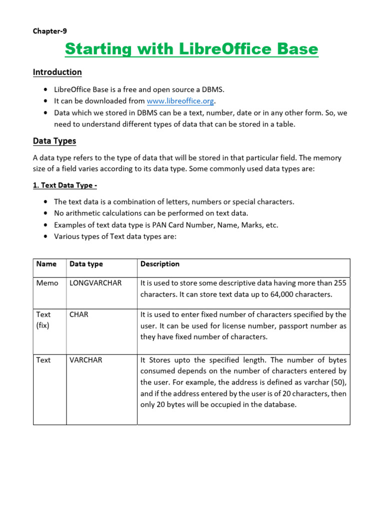 Ch-9 Starting With LibreOffice Base | PDF | Data Type | Boolean Data Type