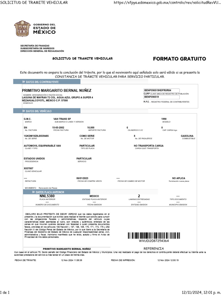 Solicitud de Trámite Vehicular México | PDF | México