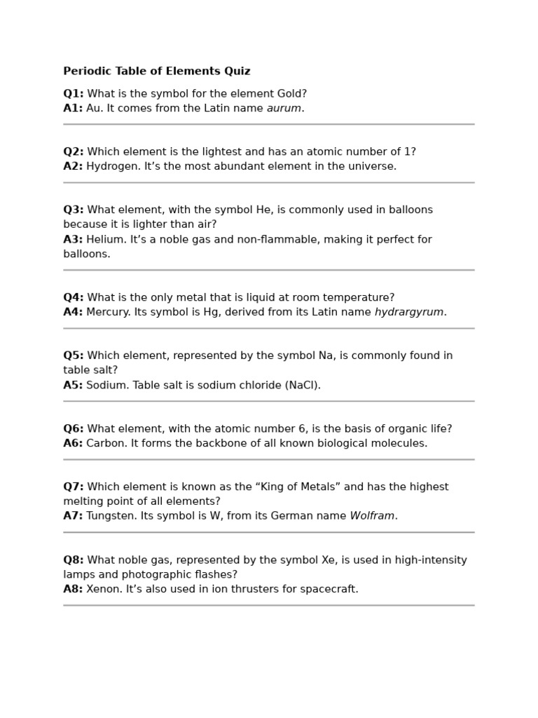 Periodic Table of Elements Quiz | PDF