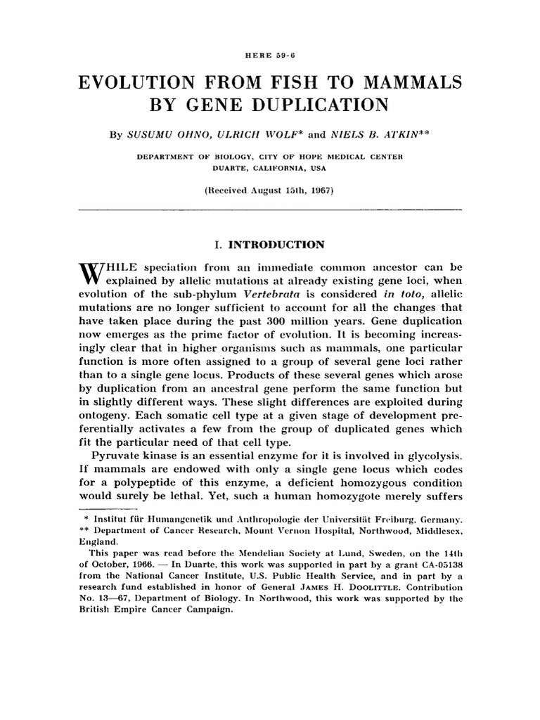 Hereditas - February 1968 - Ohno - Evolution From Fish to Mammals by Gene Duplication | PDF ...