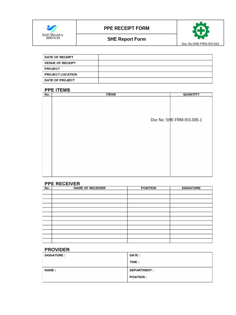 She FRM Iss 024 Ppe Receiver Form | PDF