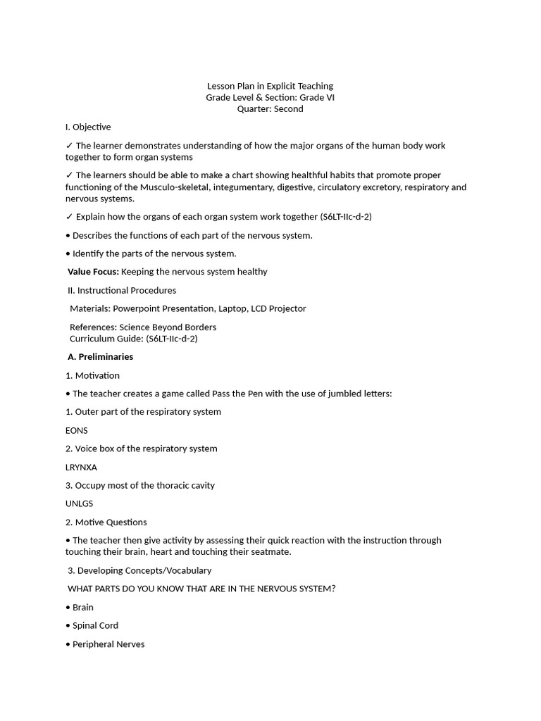 Lesson Plan in Explicit Teaching | PDF | Central Nervous System ...