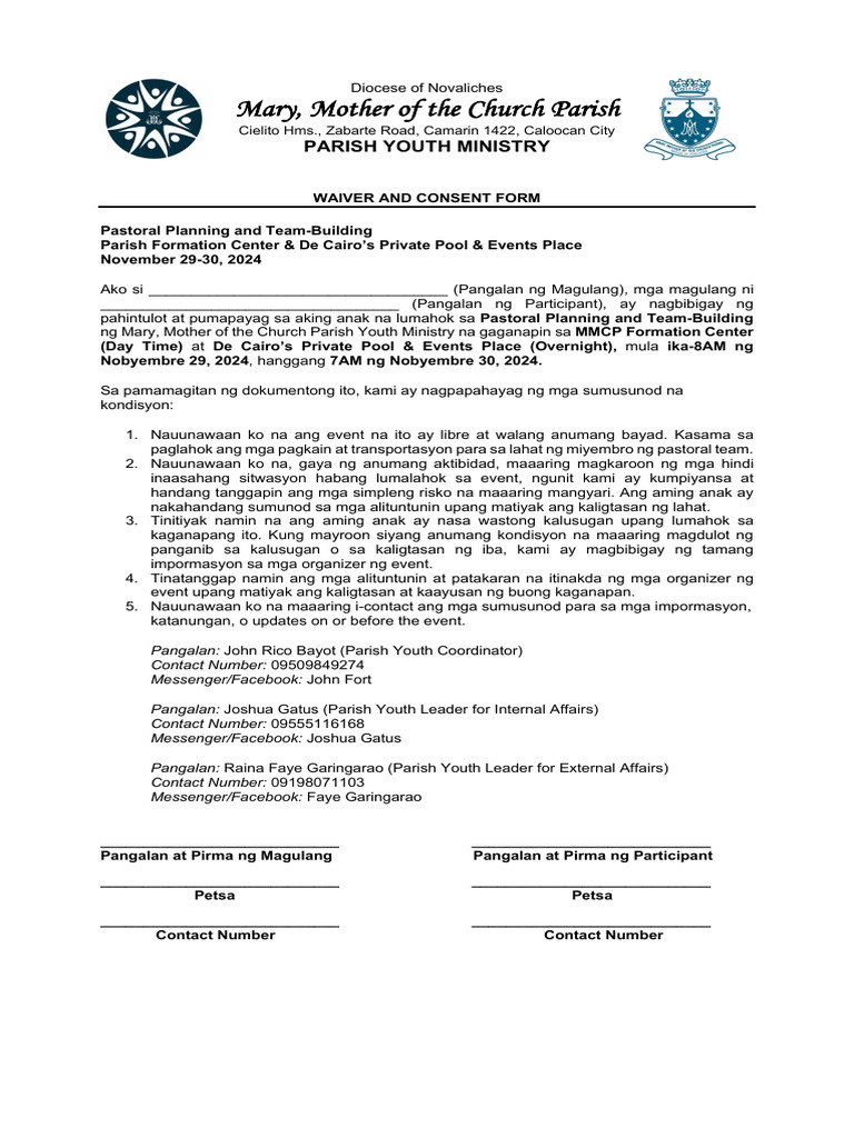 Pastoral Planning 2025 Waiver | PDF