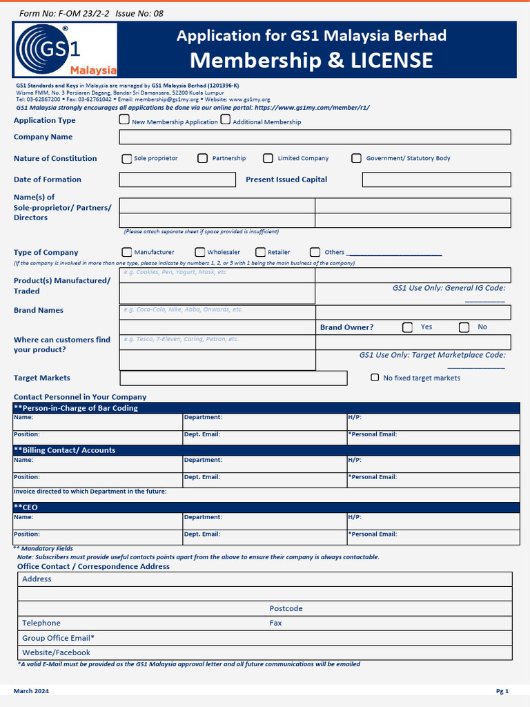 GS1 Malaysia Membership Application Form | PDF | Subscription Business ...