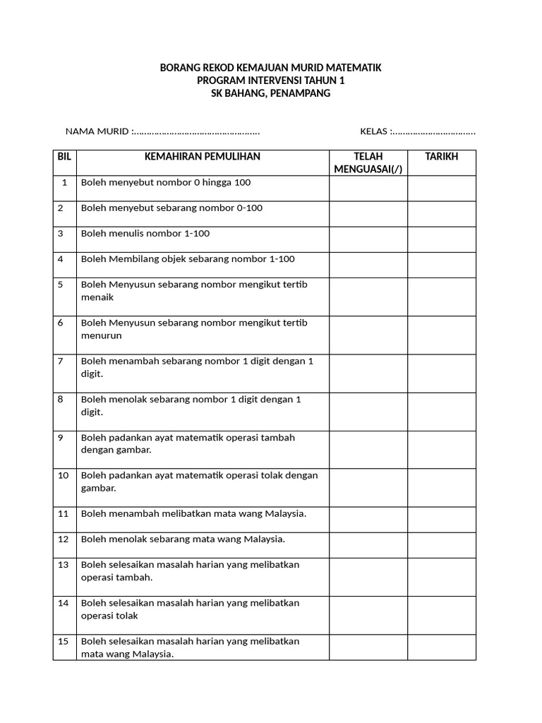 Borang Rekod Kemajuan Murid Matematik | PDF