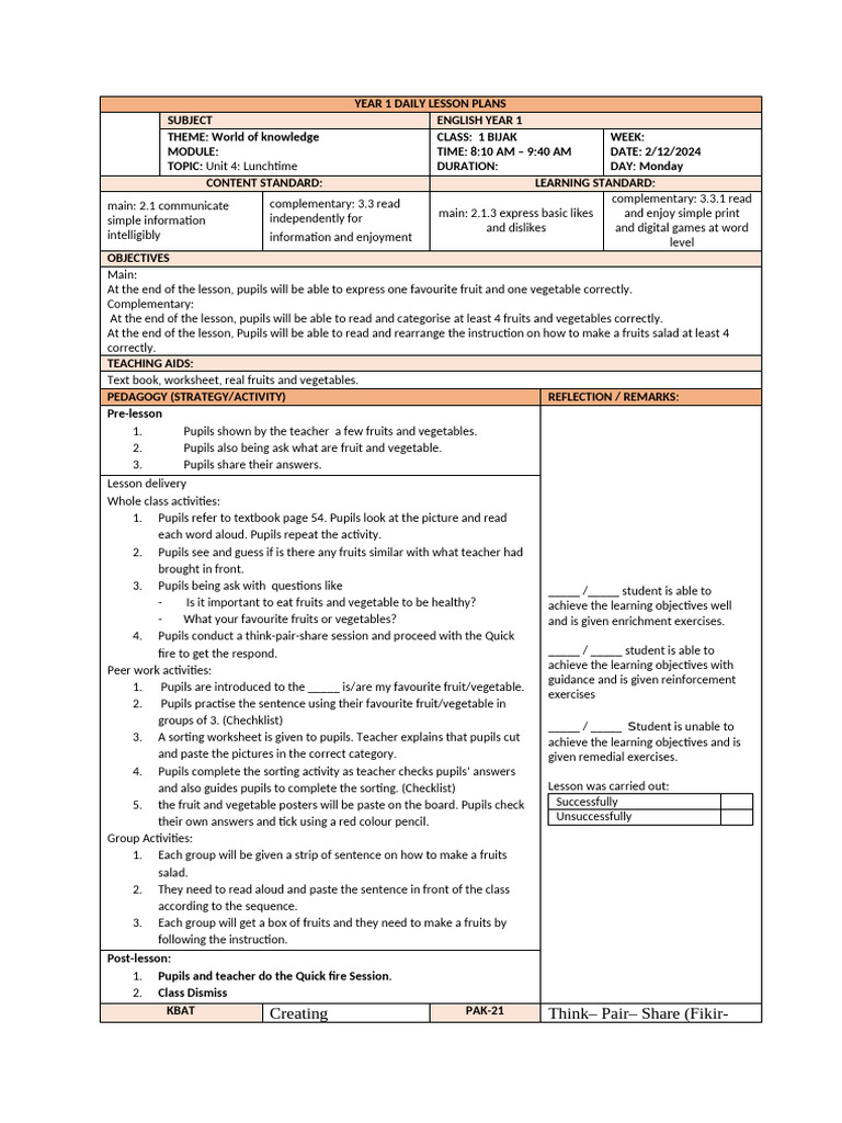 Year 1 English Lesson Plan: Lunchtime | PDF | Lesson Plan | Teachers
