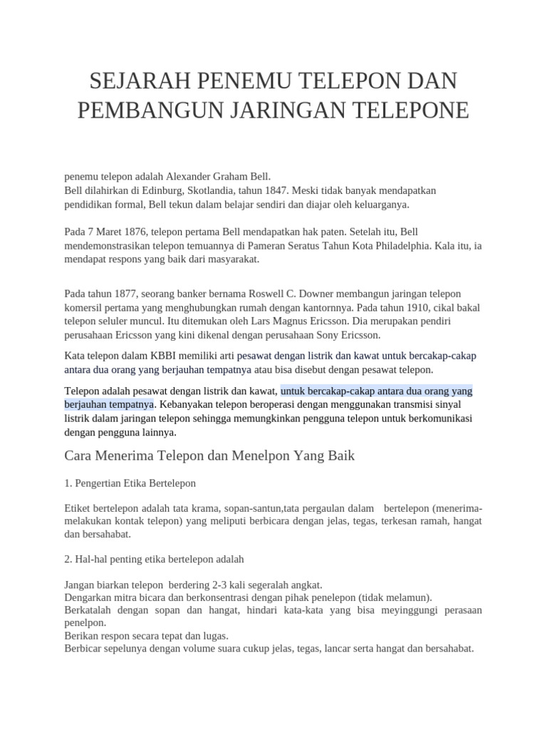 Sejarah Penemu Telepon Dan Pembangun Jaringan Telepone | PDF