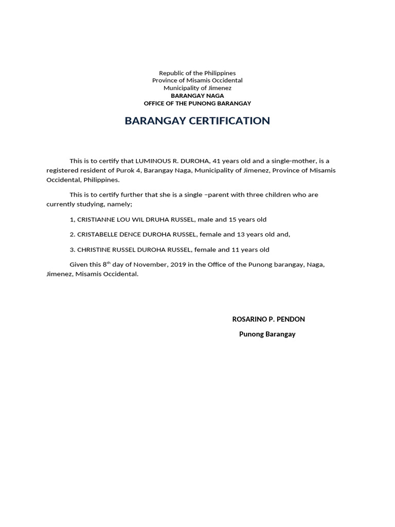 Barangay Certification 2019 | PDF