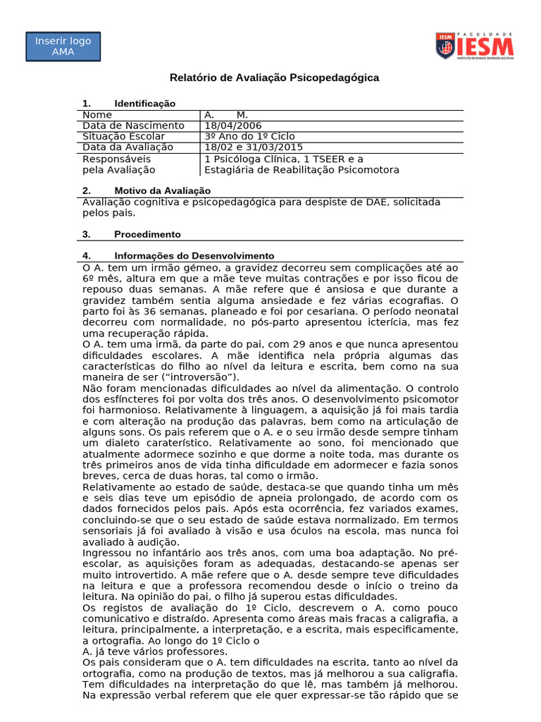 Relatorio Devolutiva - Avaliacao Psicopedagogica | PDF | Gravidez | Revisão