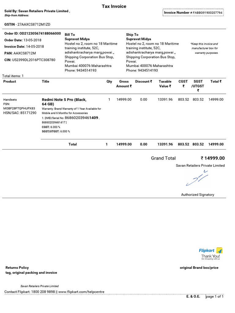 Redmi Note 5 Pro - Invoice | PDF