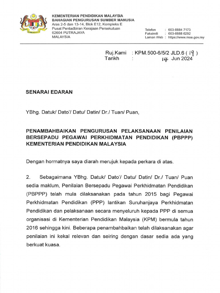 SURAT PENAMBAHBAIKAN PENGURUSAN PELAKSANAAN PBPPP KPM | PDF