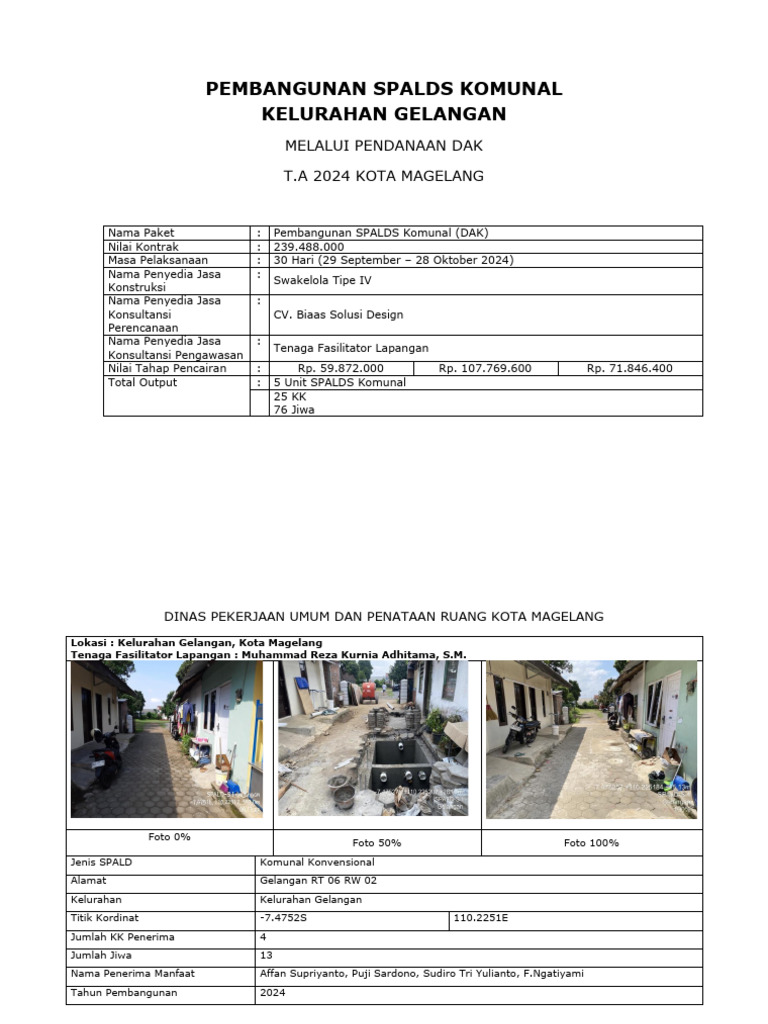 Profil Pembangunan Spald Melalui Dak Komunal t.a 2024 Gelangan | PDF