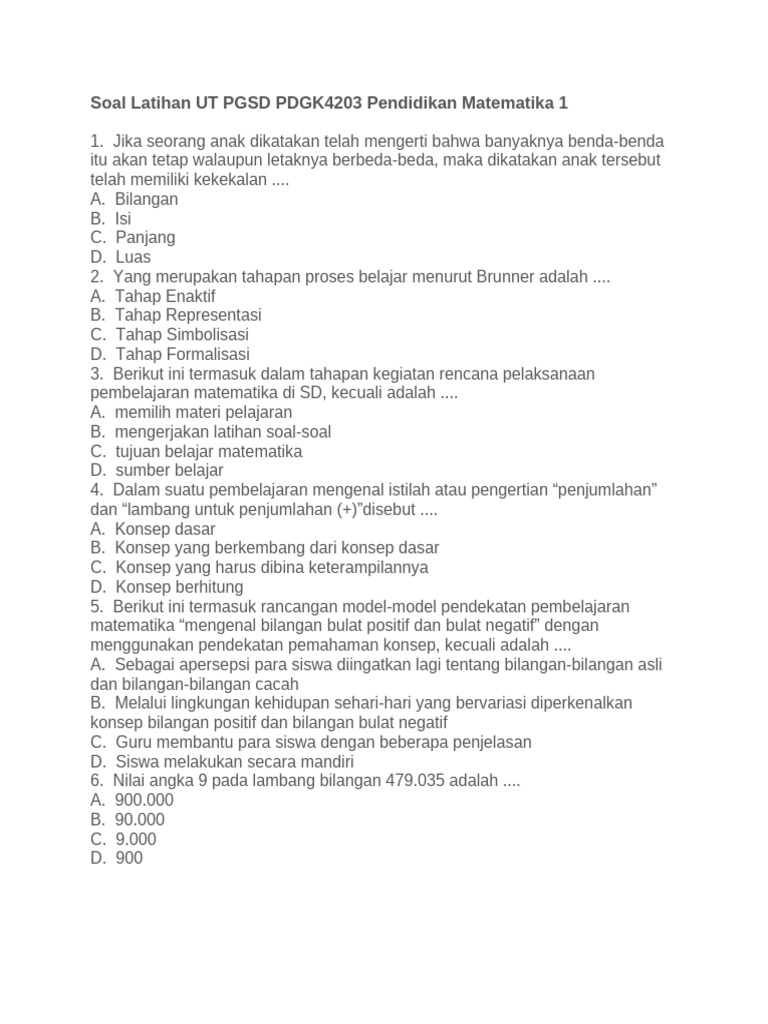 Soal Latihan UT PGSD PDGK4203 Pendidikan Matematika 1..... | PDF