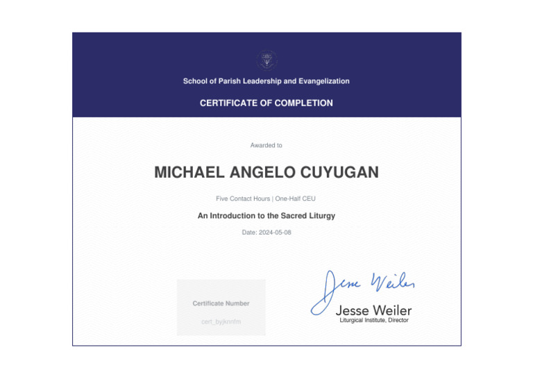 Certificate in Sacred Liturgy Completion | PDF
