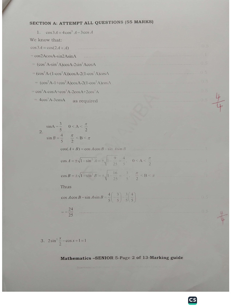Maths S5 Marking Guide | PDF