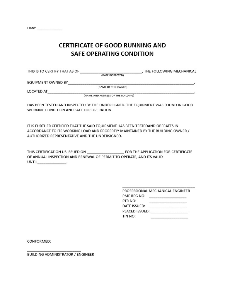 Certificate of Good Running Condition OBO Format | PDF