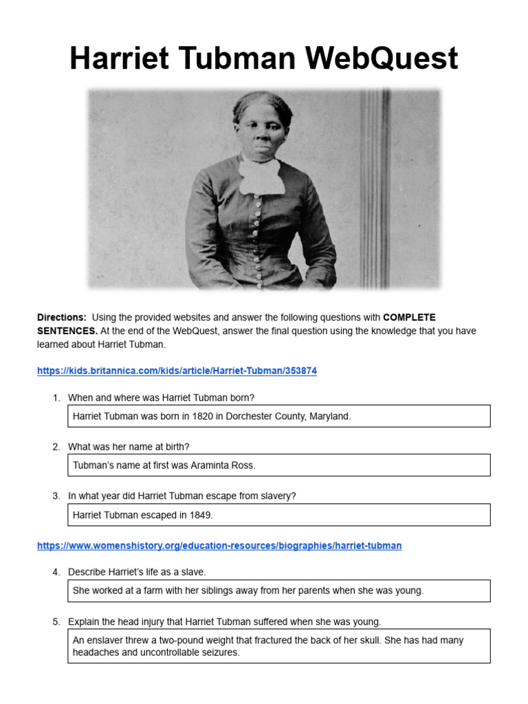 Harriet Tubman WebQuest - Google Docs | PDF | Underground Railroad ...