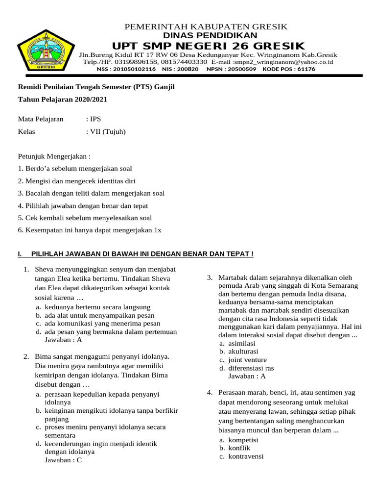 Remidi Penilaian Tengah Semester - IPS Kelas VII Soal Dan Jawaban | PDF