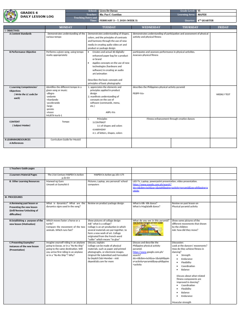 DLL_MAPEH 6_Q4_W3 | PDF | Tempo | Collage