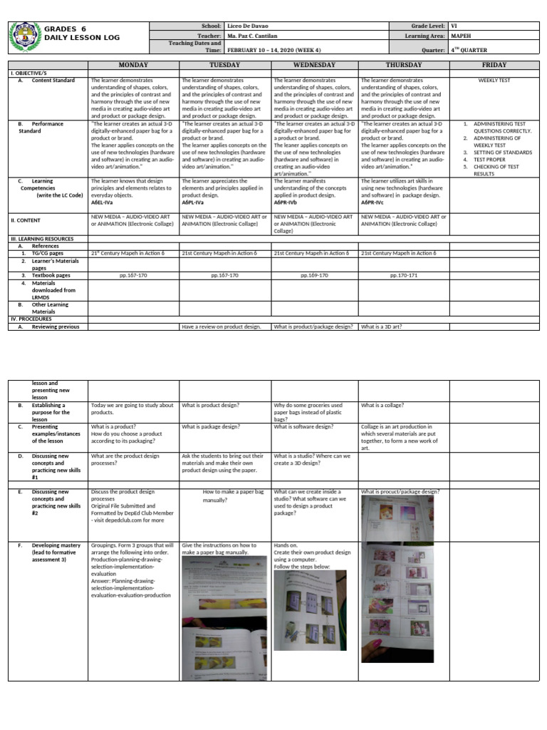 DLL_MAPEH 6_Q4_W4 | PDF | Learning | Cognition