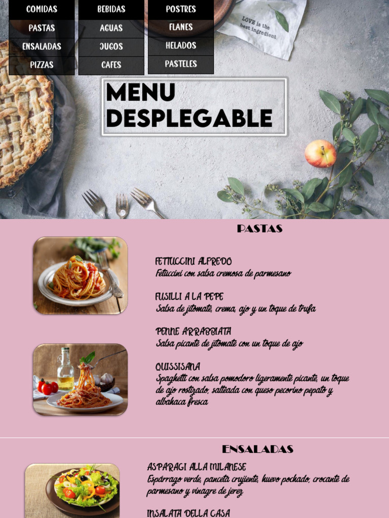 Menú Completo: Pastas, Ensaladas y Más | PDF | ensalada | Alimentos
