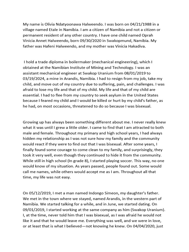 Olivia Ndatyoonawa Halweendo Asylum Statement | PDF