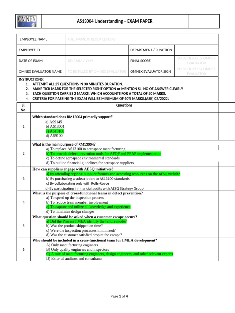 AS13004 Understanding 2024 - Pre & Post Test - Answer Key | PDF | Business