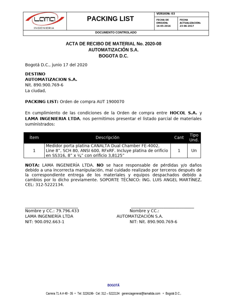 Formato Packing List | PDF