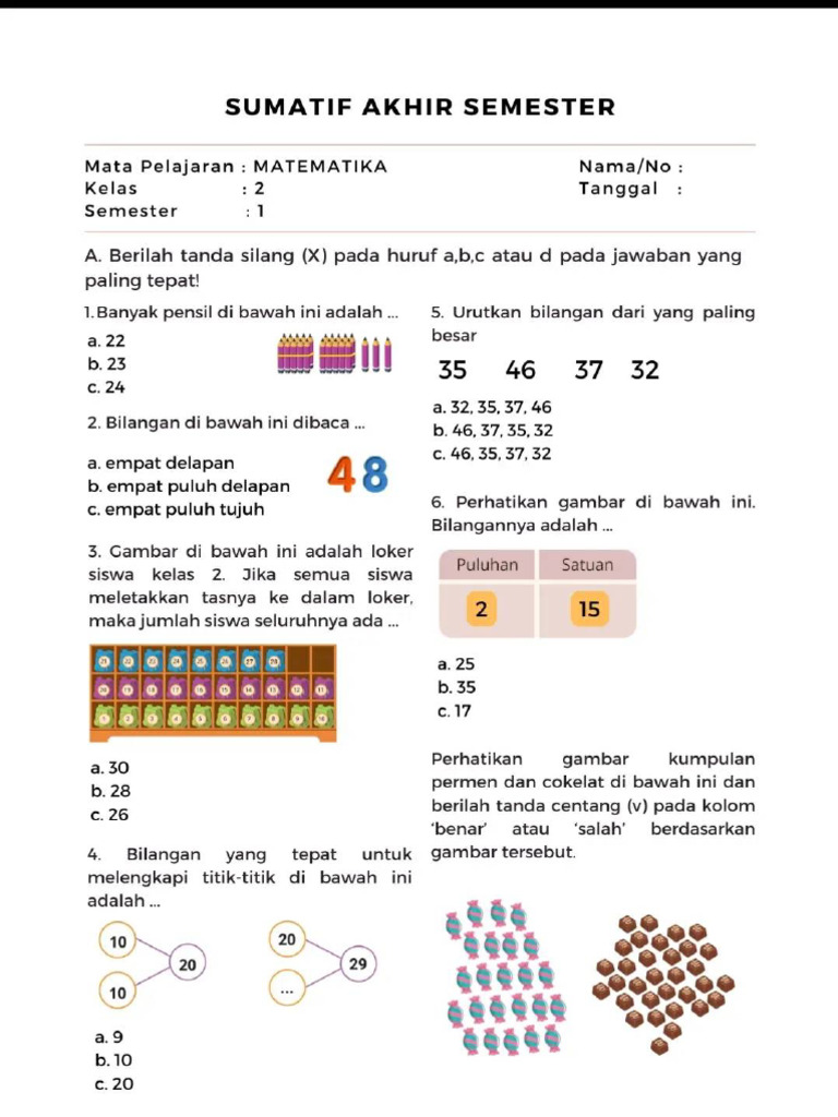 Soal Sumatif Akhir Semester Kelas 2 Semester 1 Matematika | PDF