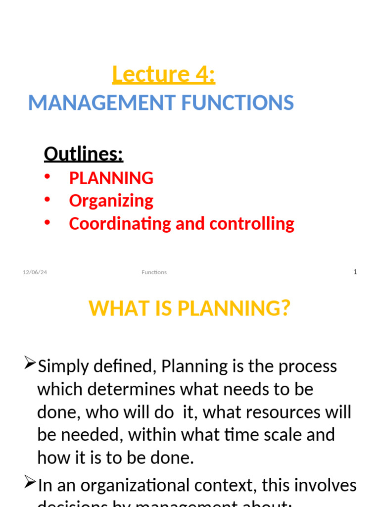 Lecture 4 Management Functions | PDF | Power (Social And Political) | Goal