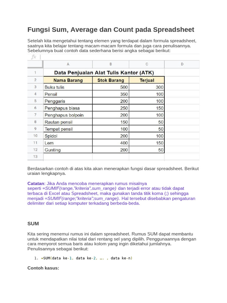 17. Fungsi SUM, AVERAGE, dan COUNT dalam Spreadsheet | PDF