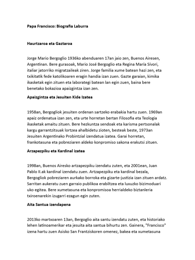 Papa Francisco: Biografia Laburra | PDF