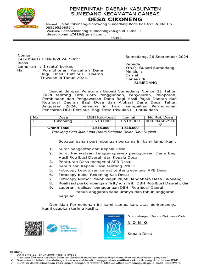 Surat Permohonan DBH Retribusi | PDF