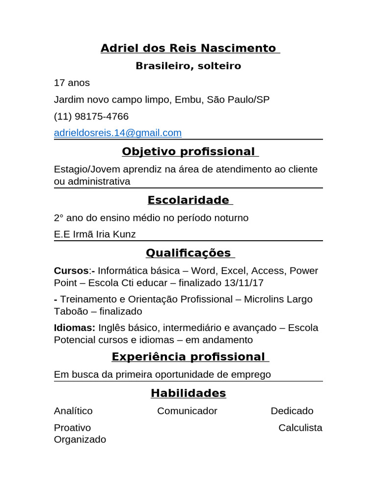 Currículo Adriel Dos Reis | PDF