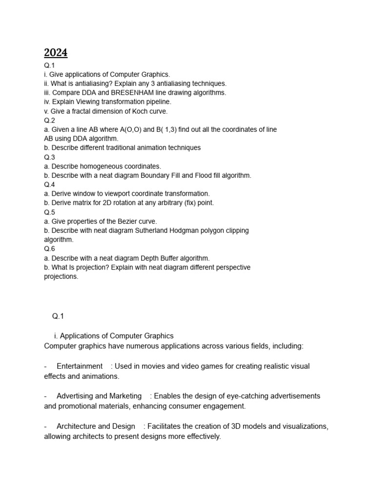 Computer Graphics Question Paper 2024 | PDF | 2 D Computer Graphics ...