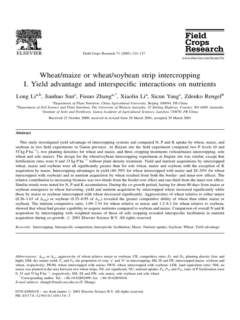 Wheat Maize or Wheat Soybean Strip Intercropping I. Yield Advantage and ...