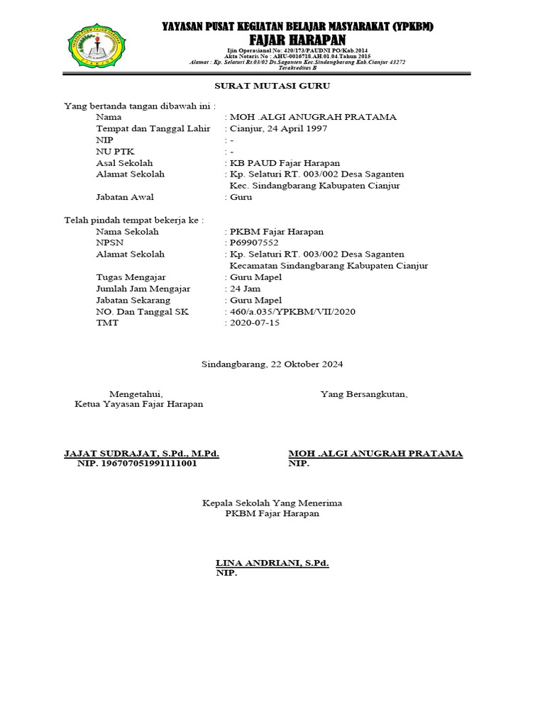 Contoh Surat Mutasi Guru Dari Yayasan | PDF