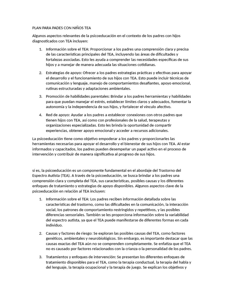 Plan para Padres Con Niños Tea | PDF | Espectro autista | Las emociones