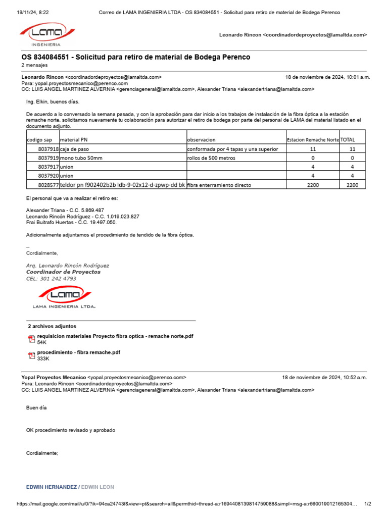 Correo de LAMA INGENIERIA LTDA - OS 834084551 - Solicitud para Retiro de Material de Bodega ...