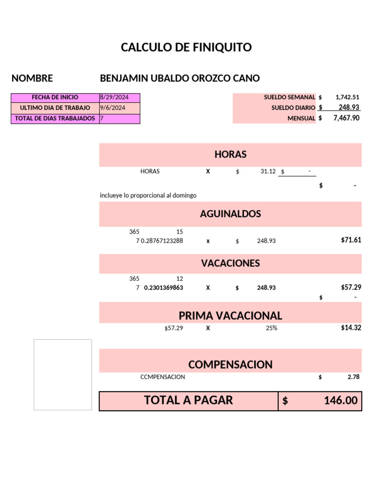 Cálculo de Finiquito Laboral 2024 | PDF